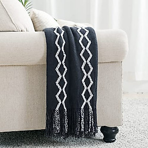 BOURINA Fluffy Chenille Knitted Fringe Throw Blanket Lightweight Soft Cozy for Bed Sofa Chair Throw Blankets, Navy 50" x 60"