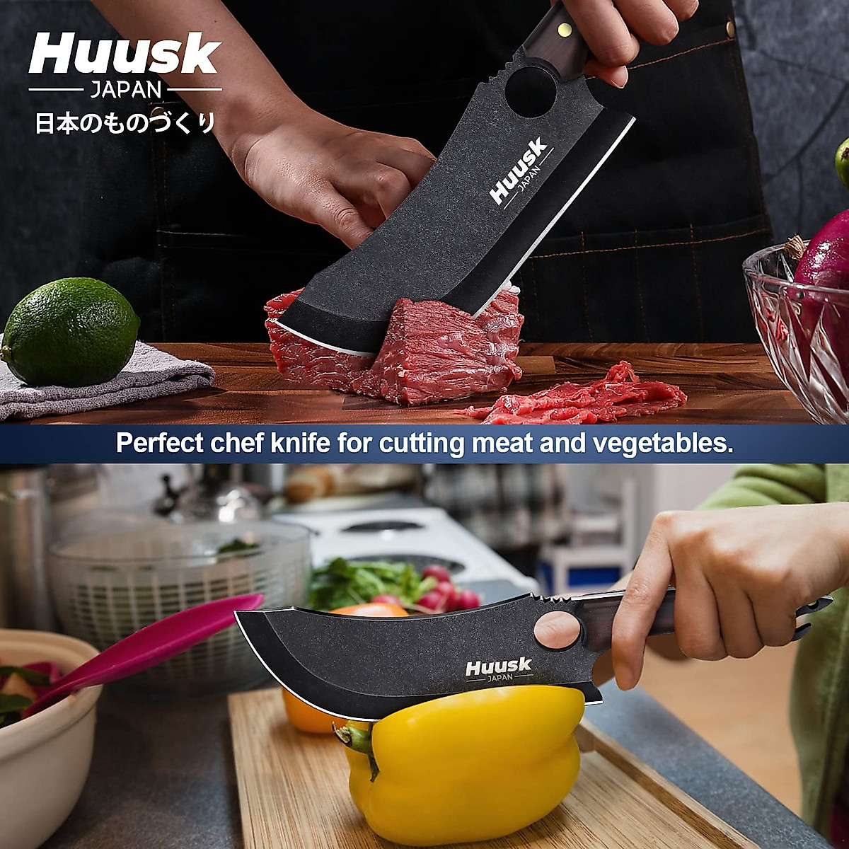 Huusk Upgraded Chef Knife Bundle with Black Meat Cleaver Viking Gift Men Cooking BBQ Camping Knives with sheath