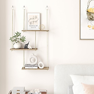 Fixwal Hanging Shelves for Wall, 3 Tier Boho Wall Decor Plant Rack Floating Shelves Rope Rustic Wood Organizer Storage Hanger for Aesthetic Home Bedroom Kitchen Bathroom- Rustic Brown