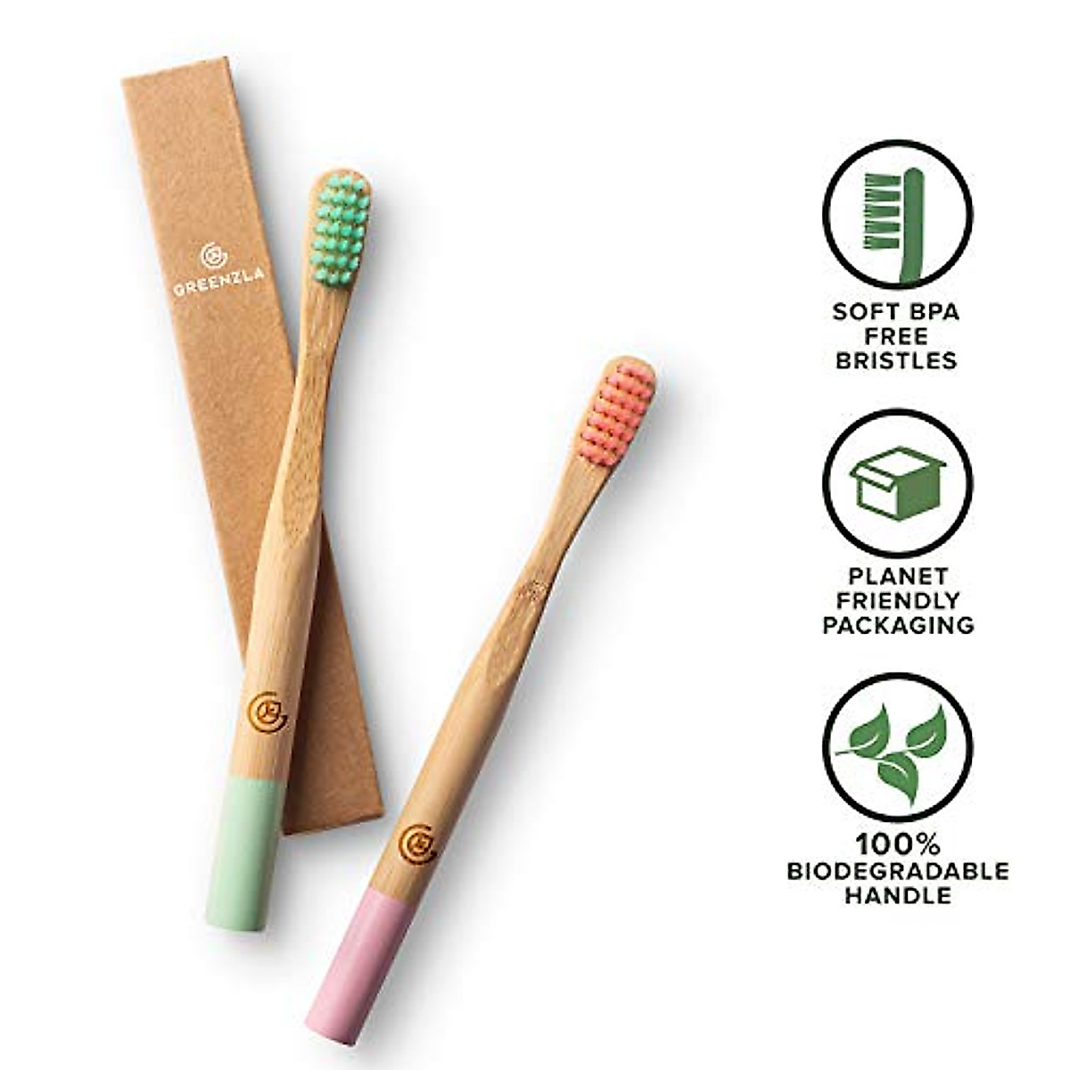 GREENZLA Kids Bamboo Toothbrushes (6 Pack) BPA Free Soft Bristles Eco-Friendly, Natural Toothbrush Set Biodegradable & Compostable Charcoal Wooden