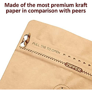 4 Ounce 50 Pieces High Barrier Kraft Paper Coffee Bags Stand Up/Flat Bottom Coffee Pouches with Air Release Valve and Reusable Pull Tab Side Zipper (50, 4oz/0.25lb/100gm)