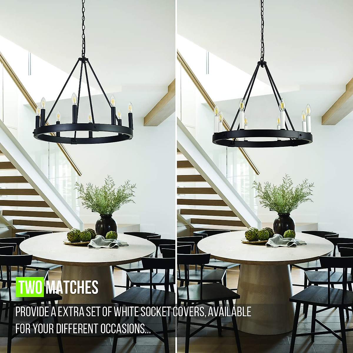 8-Light Farmhouse Wagon Wheel Chandelier, D24" Black Round Chandeliers for Dining Room, Modern Industrial Kitchen Island Pendant Light Fixtures for Foyer Living Room Entryway Bedroom, E12 Socket