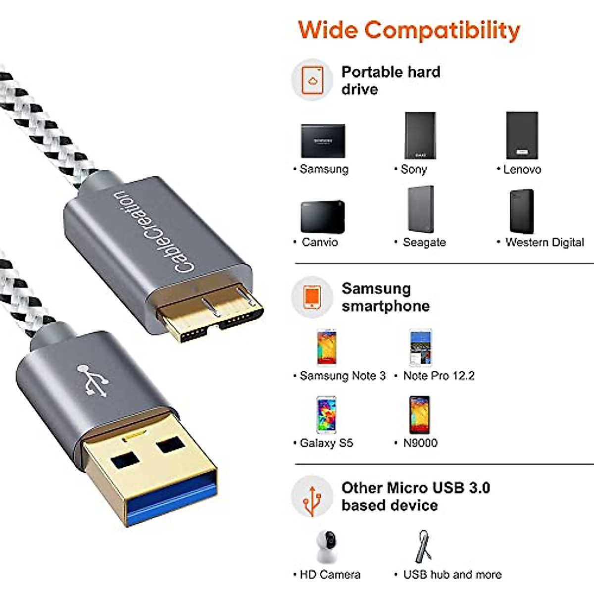 CableCreation Short USB3.0 Hard Drive Cable 1FT, USB 3.0 A to Micro B Cable 5Gbps Data, USB 3.0 External Hard Drive Cable Works for WD Toshiba Seagate Hard Drive Galaxy S5 and More 0.3m