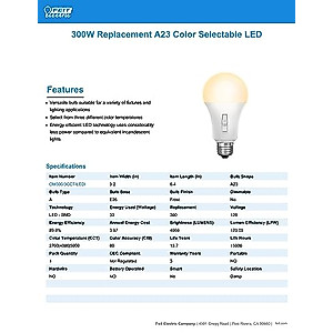 Feit Electric LED Three-Color Selectable Intellibulb - A23 with an E26 Medium Base Light Bulb - 300W Equivalent - 15 Year Life - 4060 Lumen - 2700K Soft White, 4000K Cool White and 5000K Daylight