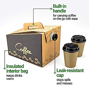 Cater Tek 96 Ounce Disposable Coffee Dispensers, 10 Insulated Coffee Take Out Containers - Built-In Handle, LeakResistant Cap, Kraft With Black Paper Coffee To Go Boxes, 12 x 7.5 x 8.5 Inch,