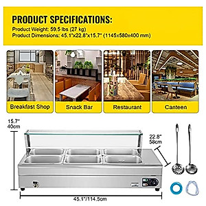 110V Electric Countertop Food Warmer - 6 Pan x 1/2 GN, Commercial Food Steam Table with 6-Inch Deep Pans, Food Grade Stainless Steel, 1500W, 66 Quart Capacity, Tempered Glass Shield