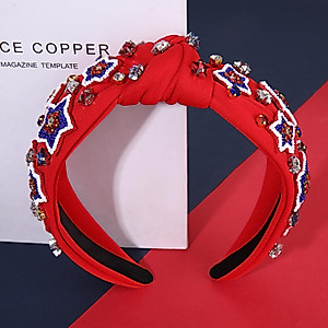 ZOLEAROPY American 4th of July Headband for Women USA Star Rhinestone Jeweled Knotted Headband Fourth of July Patriotic Red White Blue Beaded Star Top Knot Wide Hairband Hair Accessories Gift