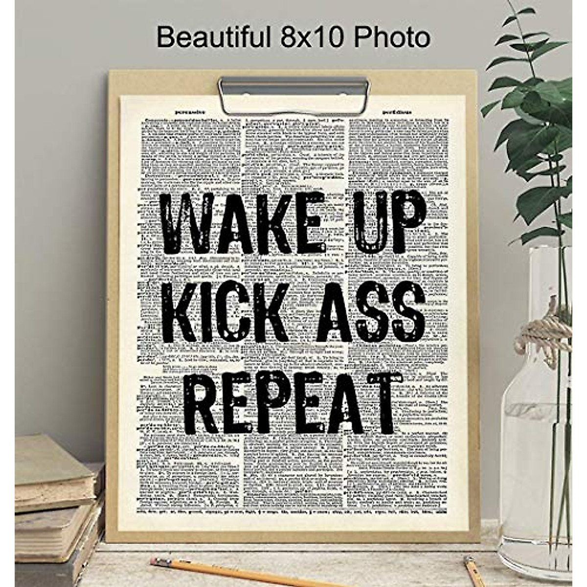 Motivational Wake Up Dictionary Art, Wall Decor Picture - 8x10 Upcycled Home Decoration Poster Print for Office, Apartment, Living Room, Gym, Studio - Inspirational Gift for Entrepreneur, Athlete