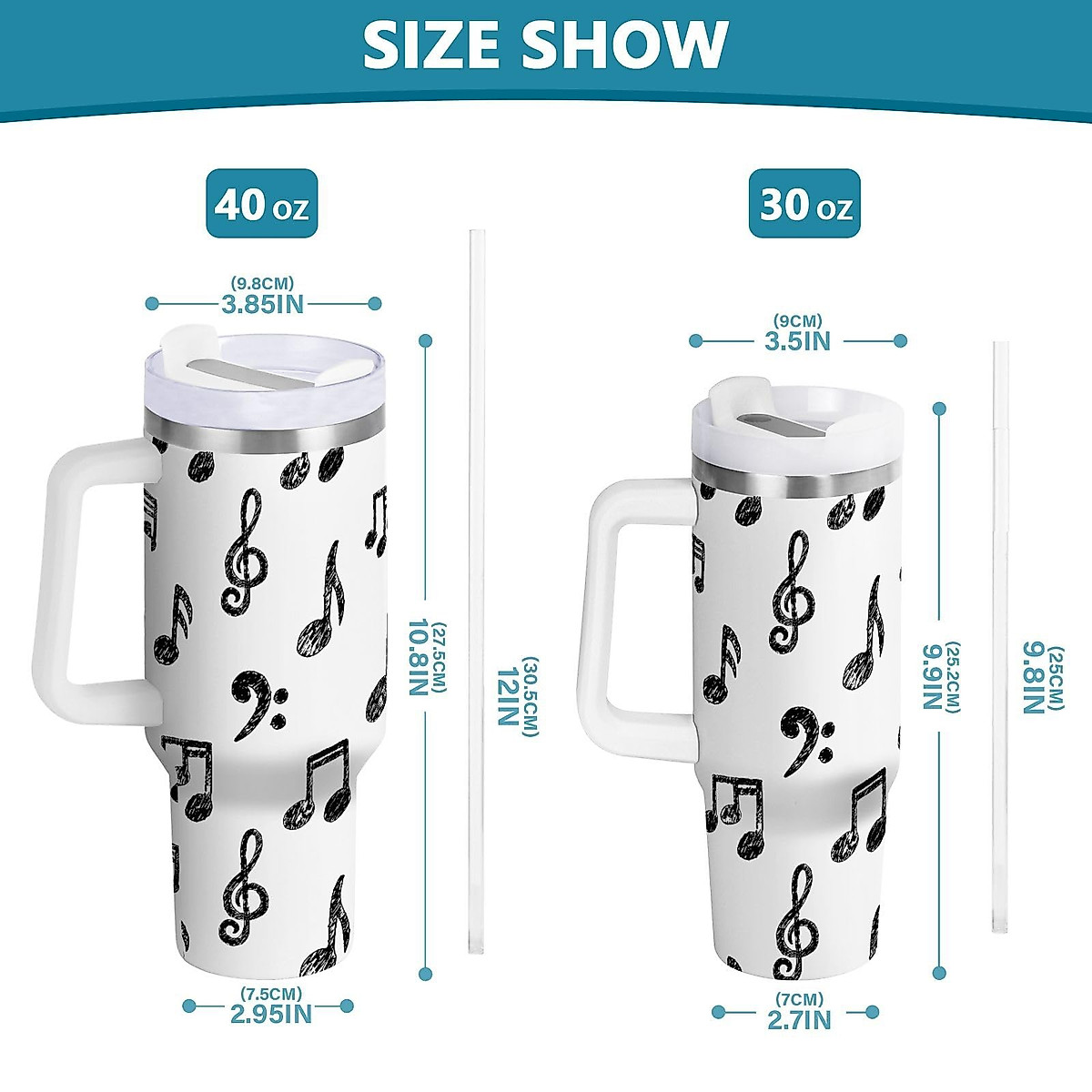 Blueangle 30 oz Music Notes Icon Tumbler with Handle and Straw Lid, Insulated Cup Reusable Stainless Steel Water Bottle Travel Mug（591）