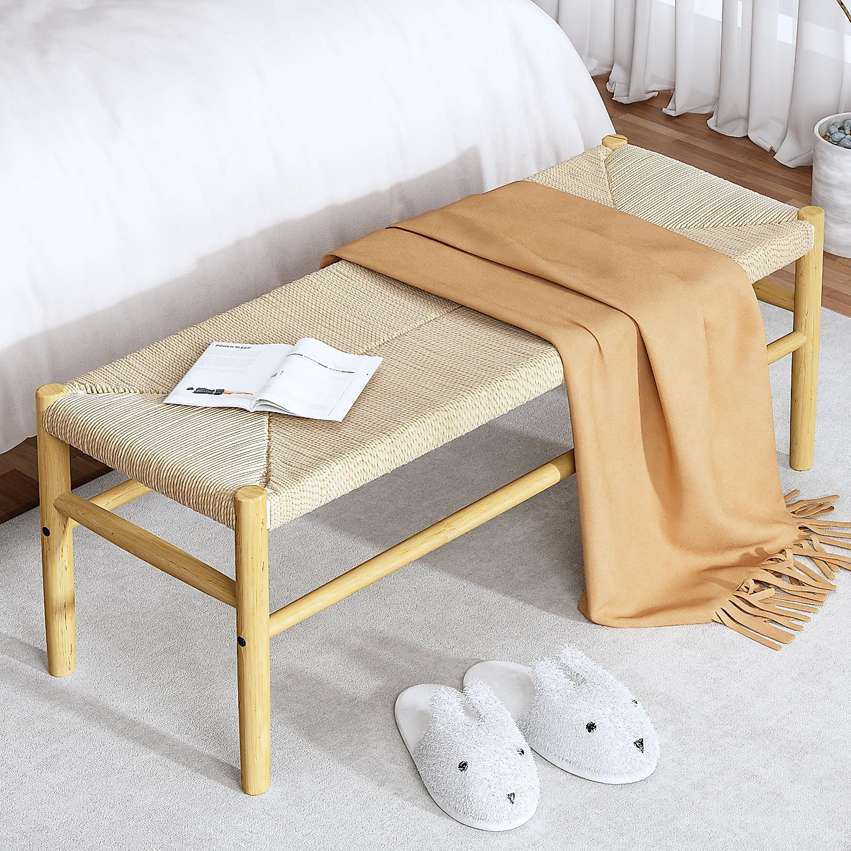 Recaceik Indoor Entryway Bench with Paper Cord Ottoman, Mid-Century Long Bench with Rubber Wood Legs, French Vanity End Bed Bench for Bedroom Living Room Channel