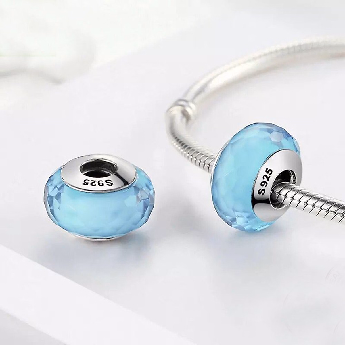 Lampwork Murano Charm 925 Sterling Silver Glass Charm Beads for Fashion Charms Bracelet & Necklace (Light Blue)