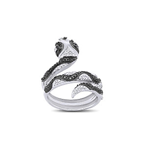 Jewel Zone US Black Natural Diamond Accent Snake Ring in 14k White Gold Over Sterling Silver (0.02 Ct)