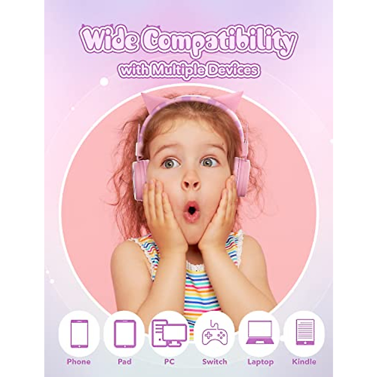 SIMJAR Cat Ear Kids Headphones with Microphone for School, Volume Limiter 85/94dB, Wired Girls Headphones with Foldable Design for Online Learning/Travel/Tablet/iPad (Pink)