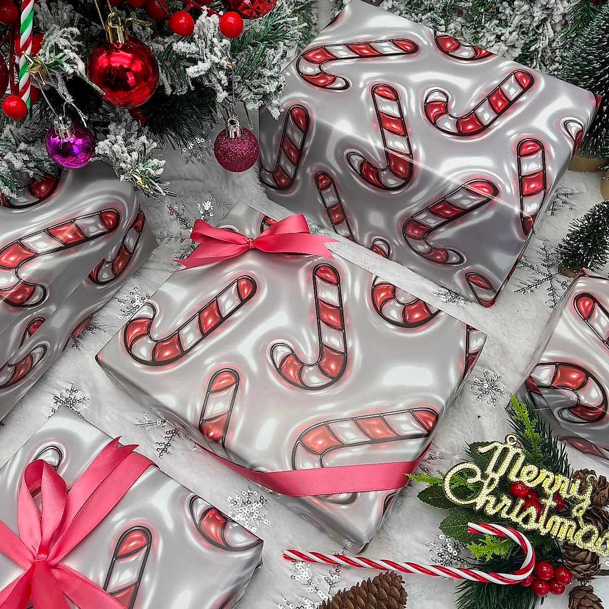 Dtiafu 3D Inflated Puff Candy Cane Wrapping Paper - Metallic Sliver Christmas Decoration - 6 Pcs Gift Wrapping Paper for Xmas Holiday