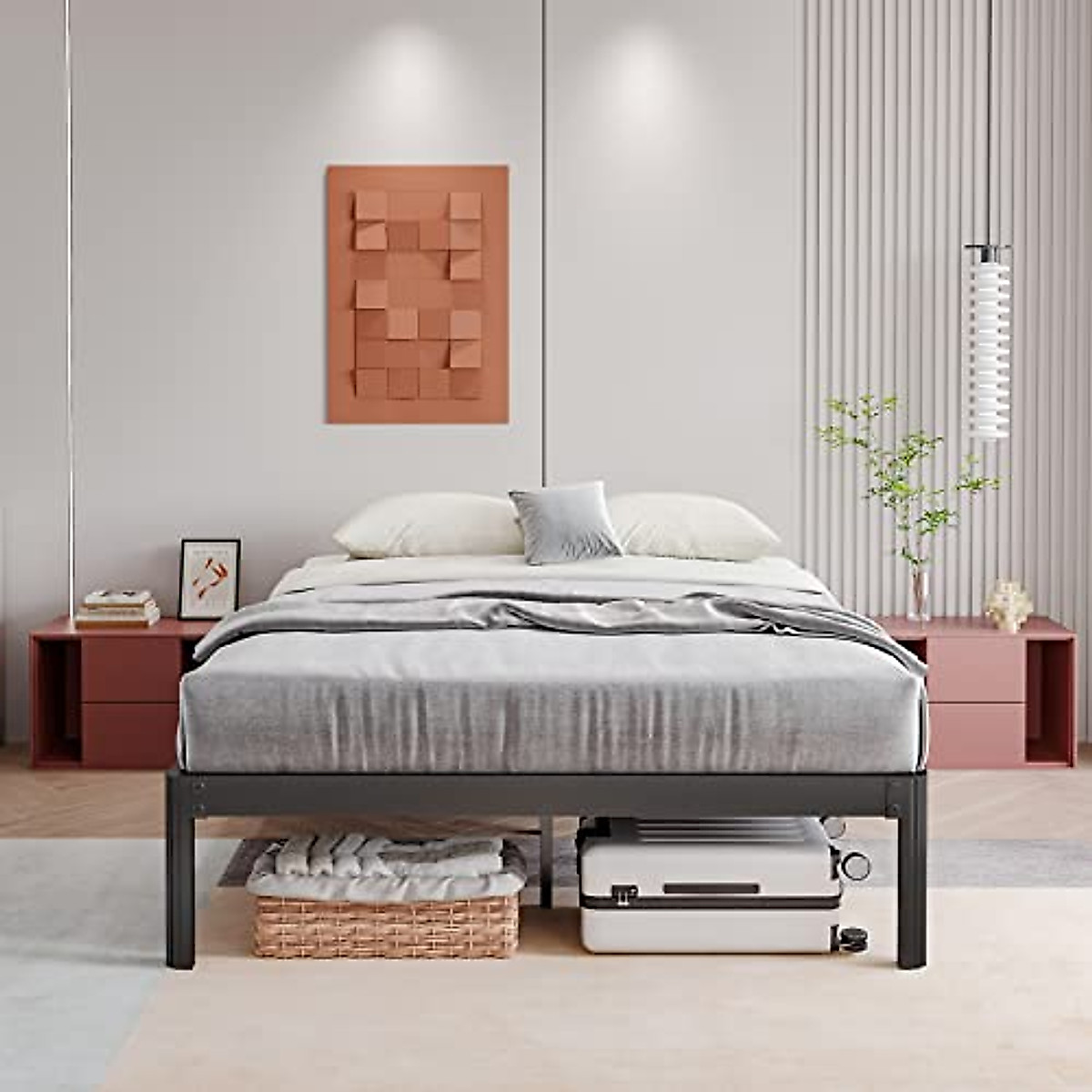 COMASACH Queen-Size Bed-Frame with Round Corner and Cylinder-Shaped Leg, 4000 lbs Heavy Duty Non Slip Metal Bed Frames No Box Spring Needed, 14 inch Noise Free Mattress Foundation, Black