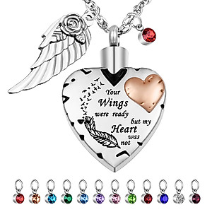 Dletay Heart Cremation Necklace for Ashes Cremation Jewelry with 12 Birthstones Urn Necklace for Ashes-Your Wings were Ready but My Heart was Not