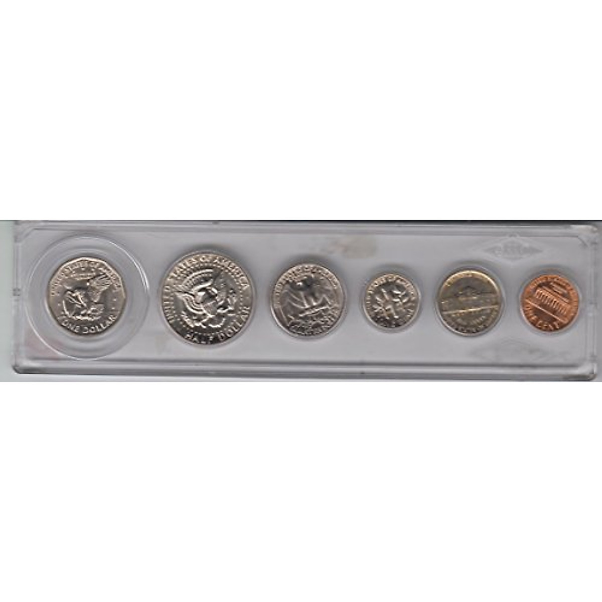 1980 Birth Year Coin Set (6) Coins Dollar, half Dollar, Quarter, Dime, Nickel, and Cent - all dated 1980 and Encased in a Plastic Display Holder Uncirculated