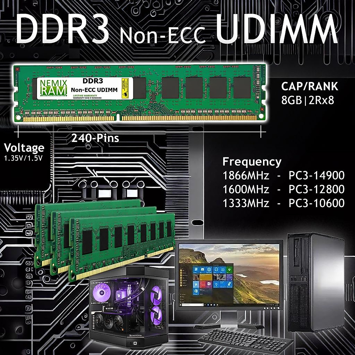 NEMIX RAM 16GB (2X8GB) DDR3 1600MHZ PC3-12800 2Rx8 1.35V 240-PIN Non-ECC UDIMM Unbuffered Desktop Memory KIT