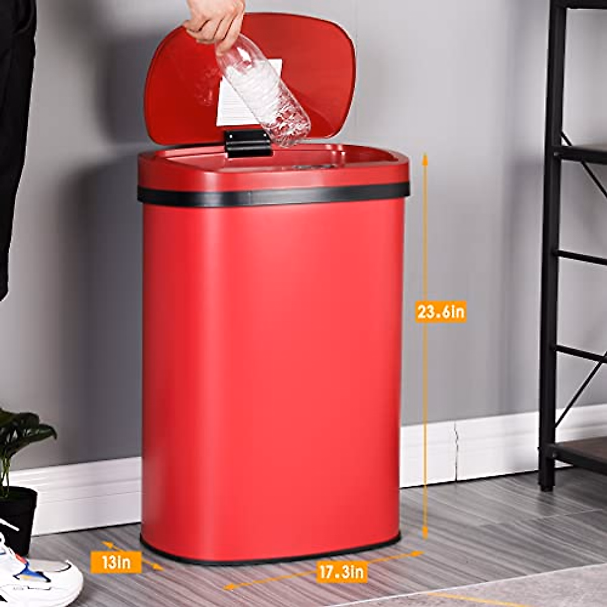 Hkeli 13 Gallon Trash Can Garbage Can Kitchen Trash Can Automatic Touch Free High Capacity 50 Liter for Bathroom Bedroom Home Office Waste Bin with Lid Brushed Stainless (Red) 17.3 x 13 x 23.6 inches