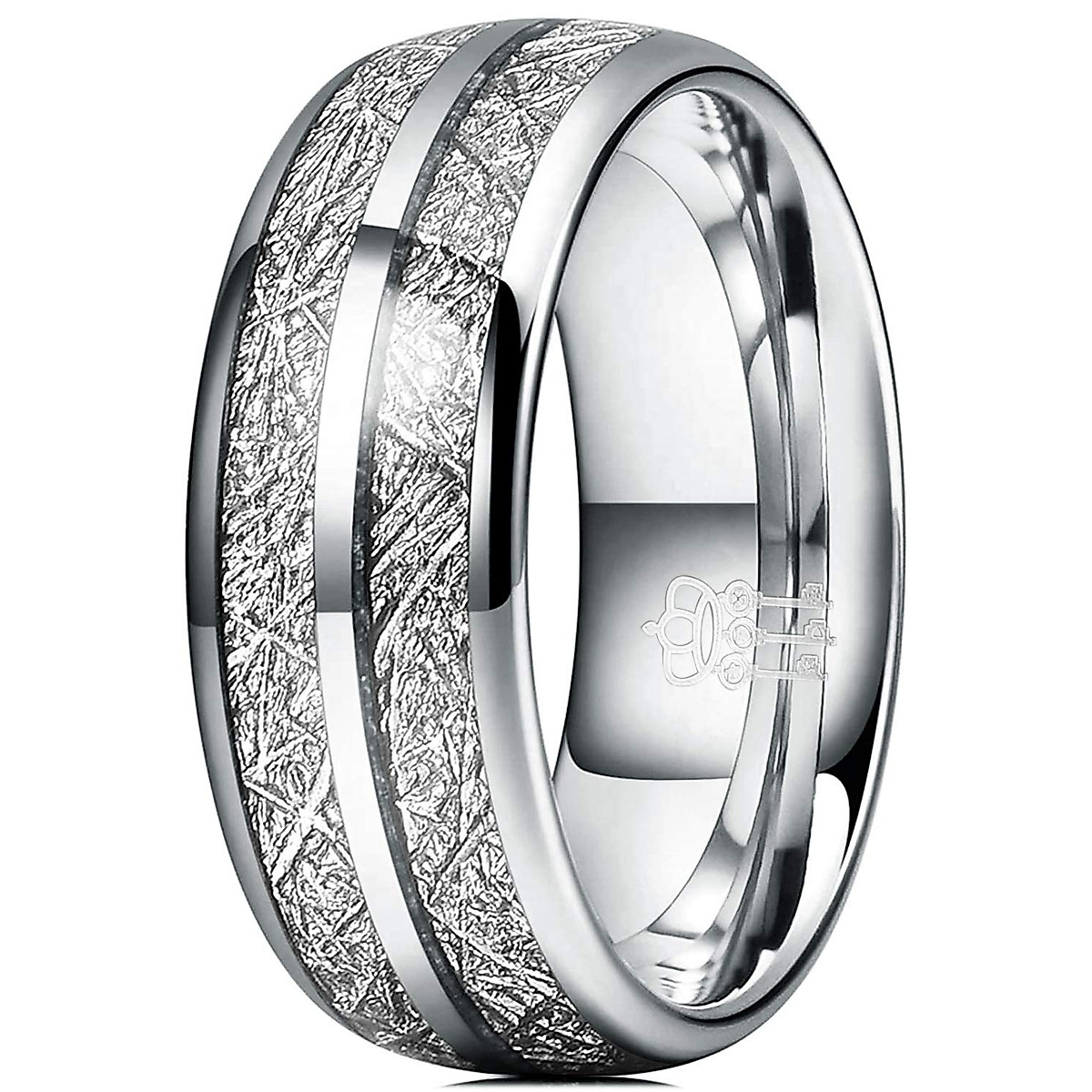 THREE KEYS JEWELRY Tungsten Carbide Mens 8mm Hunting Viking Meteorite Wedding Band Ring with Polish for Men Inlay Engrave Engagement Silver Size 12