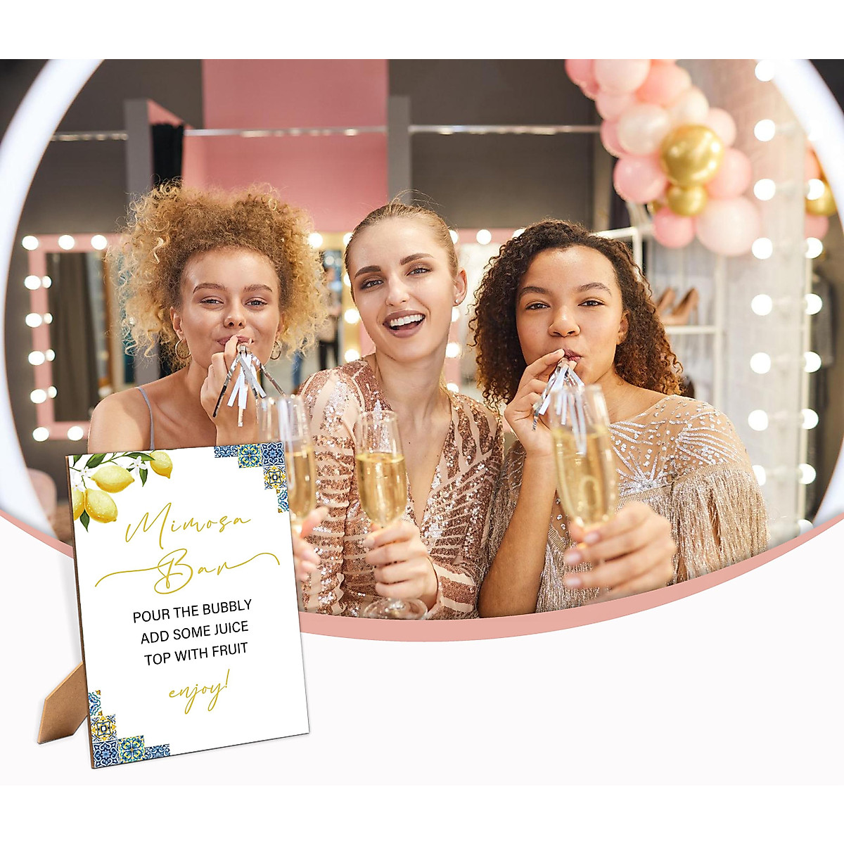 Blue Tiles and Lemons Bridal Shower Mimosa Bar Sign, Table Decor Bridal Shower Sign, Pack of 1 Wooden Tabletop Sign with Stand, Bridal Shower Decorations, Wedding Shower Supplies - XG07AB