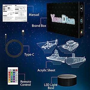 YuanDian Military Weapons 3D Lamp Kits,Navy Gguided Missile Destroyer, Submarine,Tank,Helicopter 3D Night Light for Kids (4 Patterns) with Remote Control & 16 Colors Light