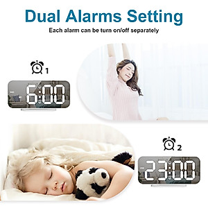 ALANAS Digital Alarm Clock with Dual Alarms, Mirror LED Bedroom Alarm Clocks for Kids, Adjustable Brightness, Snooze, 2 USB Ports for Cellphone Charging, 12/24 Hour Display., White