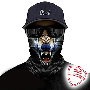 Obacle Motorcycle Face Mask Sun UV Dust Wind Protection Tube Mask Seamless Bandana Face Mask for Men Women Bike Riding Cycling Biker Fishing Outdoor Festival (Wolf Open Mouth Big Blue Nose)