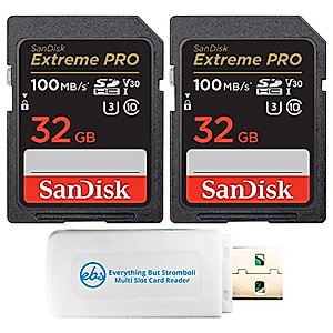 SanDisk 32GB (Two Pack) Extreme Pro Memory Card works with Nikon D3400, D3300, D750, D5500, D5300, D500, AW130, W100, L840 Digital DSLR Camera SDHC 4K V30 UHS-I with Everything But Stromboli Reader