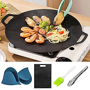 Griddle Induction Cooktop, Iron Multipurpose Flat Induction Frying Pan for Barbecue Platewith Oil Brush Food holder and Anti Scald Gloves, Non-Stick Coating and Uniform Heat Conduction for Induction