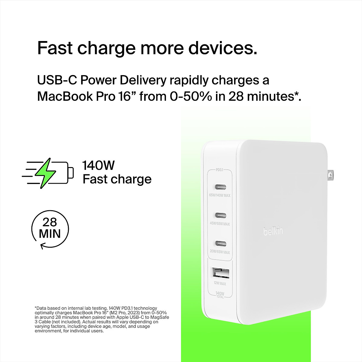 Belkin 140W 4-Port GaN Wall Charger, Multi-Port Charger Block w/USB-C Power Delivery Fast Charge & USB-A Port for Apple MacBook, iPhone 15 Series, iPad Pro, Samsung Galaxy S24, Google Pixel, & More