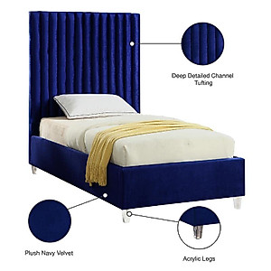 Meridian Furniture Candace Collection Modern | Contemporary Velvet Upholstered Bed with Deep Channel Tufting and Custom Acrylic Legs, Navy, Twin