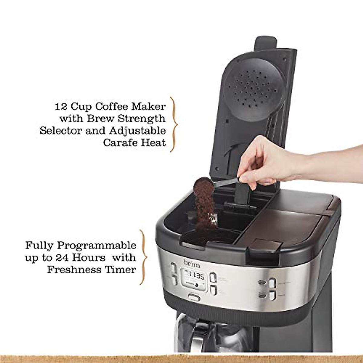 Brim Trio Multibrew System, 12 Cup Programmable Coffee Maker, Brews a 6oz Cup of Coffee in 1-2 Minutes, Convenient Variable Brew Size, K-Cup Compatible, Stainless Steel/Black