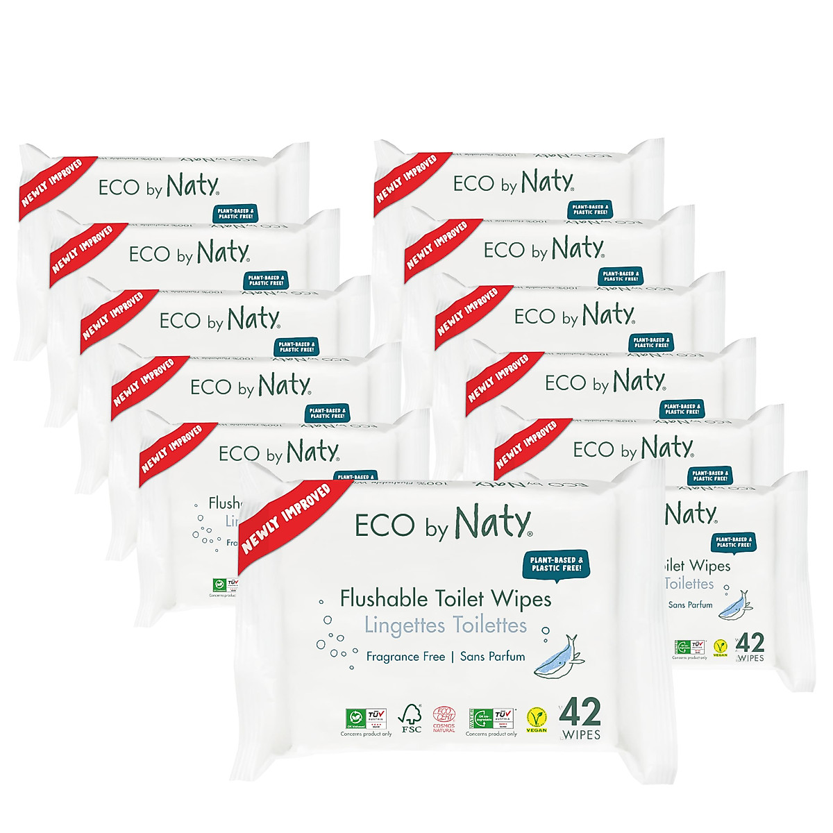 Eco by Naty Flushable Baby Wipes - Compostable and Plant-Based Wipes, Chemical-Free and Hypoallergenic Baby Wipes Safe for Baby Sensitive Skin, 42 Wipes Per Pack (12 Pk)