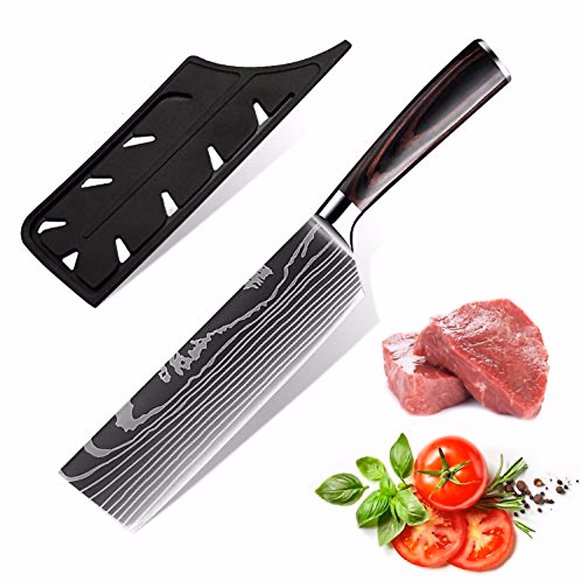 KEPEAK Cleaver Knife 7 Inch, High Carbon Steel Chopper Knives Kitchen with Pakkawood Handle, Asian Nakiri Vegetable Meat Chef Knife