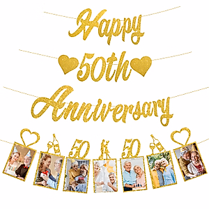 Pimvimcim Gold Glitter 50th Anniversary Banner Decorations, Happy 50th Wedding Anniversary Banner and Photo Banner Party Supplies, 50 Year Anniversary Party Picture Banner Decor