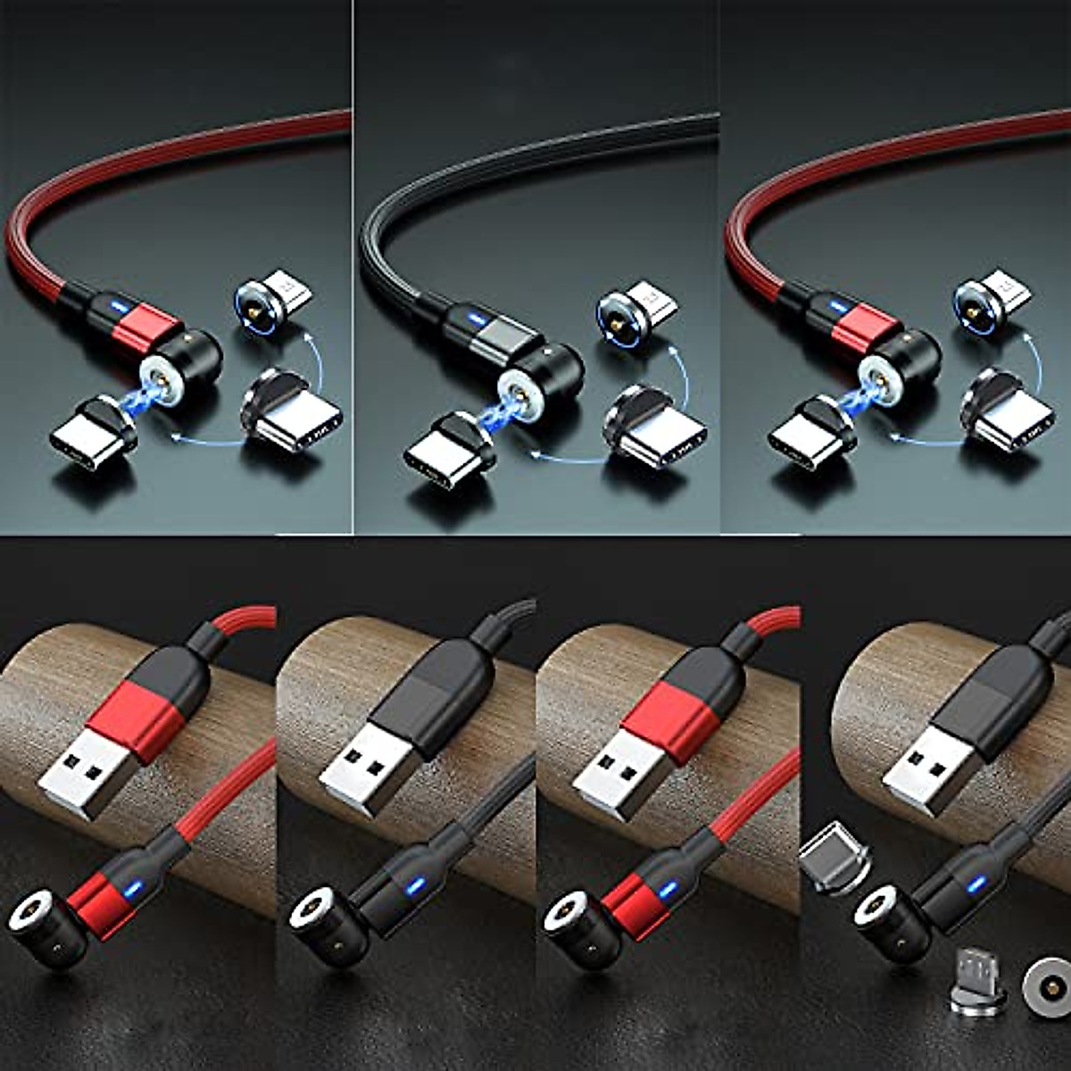 Bojianxin 540° Rotation Magnetic Charging Cable（7-Pack, 1.6ft/3.3ft/3.3ft/6.6ft/6.6ft/10ft/10ft） Magnetic USB Cable, 3 in 1 Magnetic Phone Charger Compatible with Micro USB, Type C etc