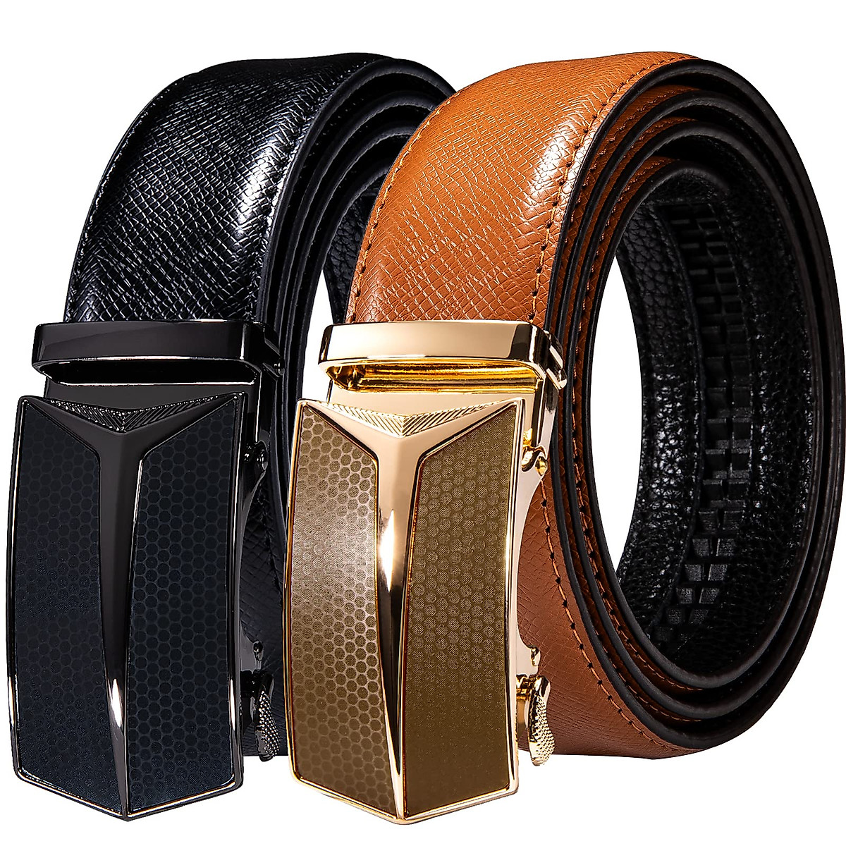 Barry.Wang Mens Belt Leather 2pack,Slide Ratchet Belt Buckle Dress Casual Gift Adjustable,Trim to Fit
