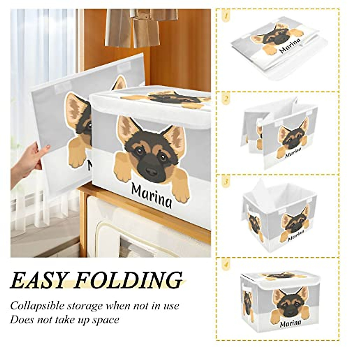 DOMIKING German Shepherd Puppy Dog Custom Large Storage Bin with Lid Collapsible Personalized Shelf Baskets Box with Handles Storage Cube for Shelves Cabinet Nursery Drawer