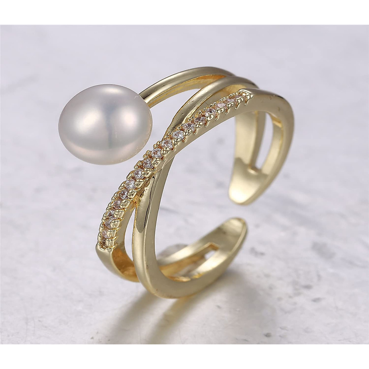 COISE Gold Pearl Rings, Adjustable Rings for Women Girls, AAA+ CZ Stacking Open Rings