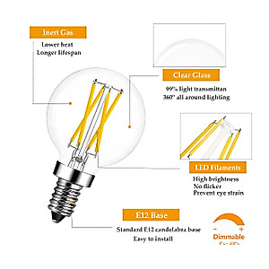 Dimmable E12 Candelabra LED Edison Bulbs, 4W Equal to 40 Watt G16.5 Mini Globe Light Bulbs, 2700K Warm White, E12 Mini Globe Bulb for Chandeliers, Ceiling Fan, Pendant 5-Pack