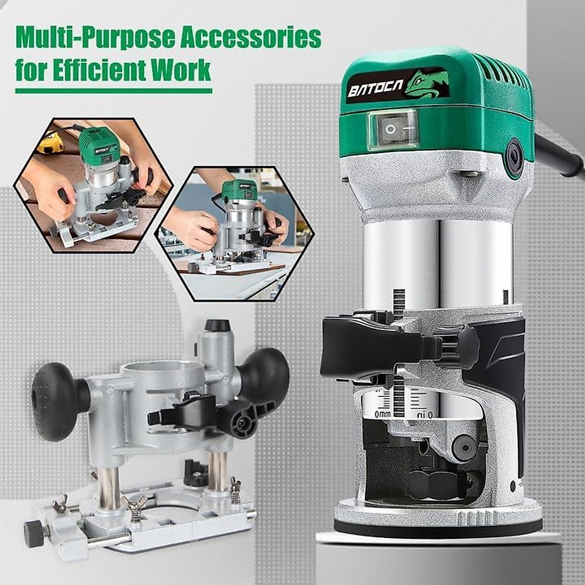 BATOCA Wood Router Kit, 1-1/4 HP Max Torque Router Tool with Fixed Base, Compact Wood Palm Router Tool 6 Variable Speed Wood Trimmer Router Combo Tool for Woodworking, Carving, Trimming, Slotting