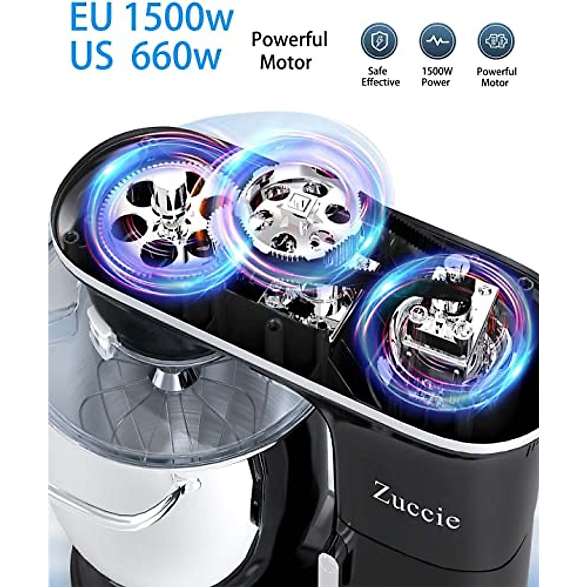 Zuccie 3-IN-1 Stand Mixer, 660W Mixers Kitchen Electric Stand Mixer include 8.5QT Bowl, Dough Hook, Beater, Whisk & Splash Guard, 6-Speed Dough Mixer for Most Home Cooks (Black)