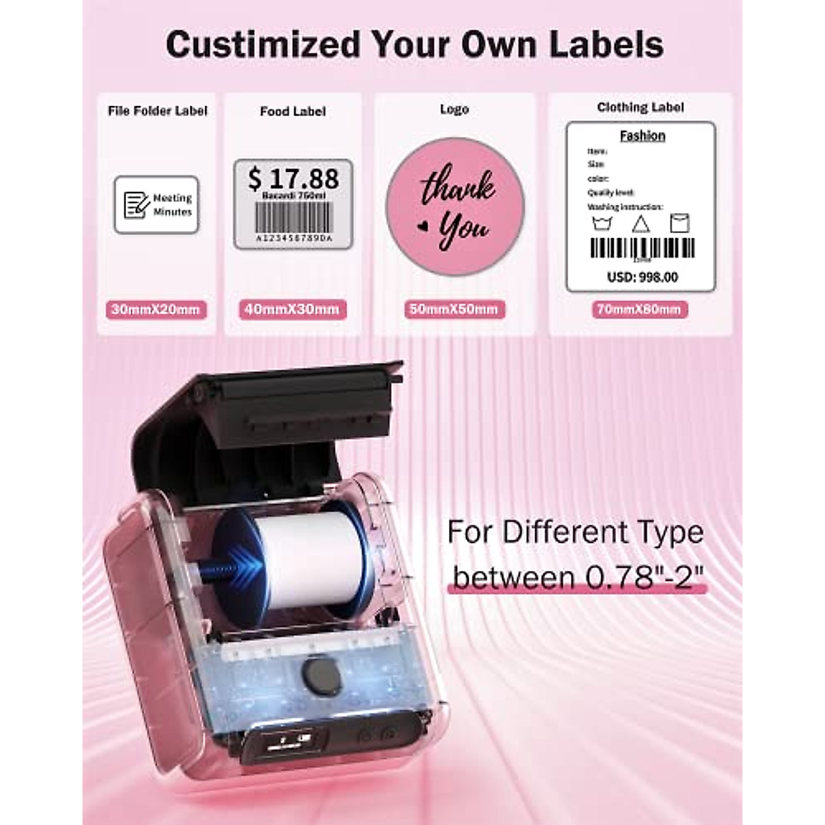 Phomemo Label Makers- M200 Label Printer Machine with 3 Paper,2023 Upgrade 3 Inch M110 Label Maker,WiFi Bluetooth Thermal Label Printer,Phone Support,for Android iOS System,for Shipping,Labeling- Pink