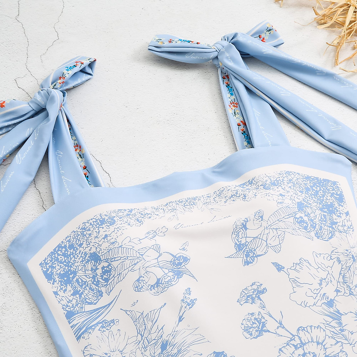 Women Floral One Piece Swimsuits, Reversible Tie Shoulder Monokini, Tummy Control Bathing Suits, Square Neck Swimwear (Medium) Blue