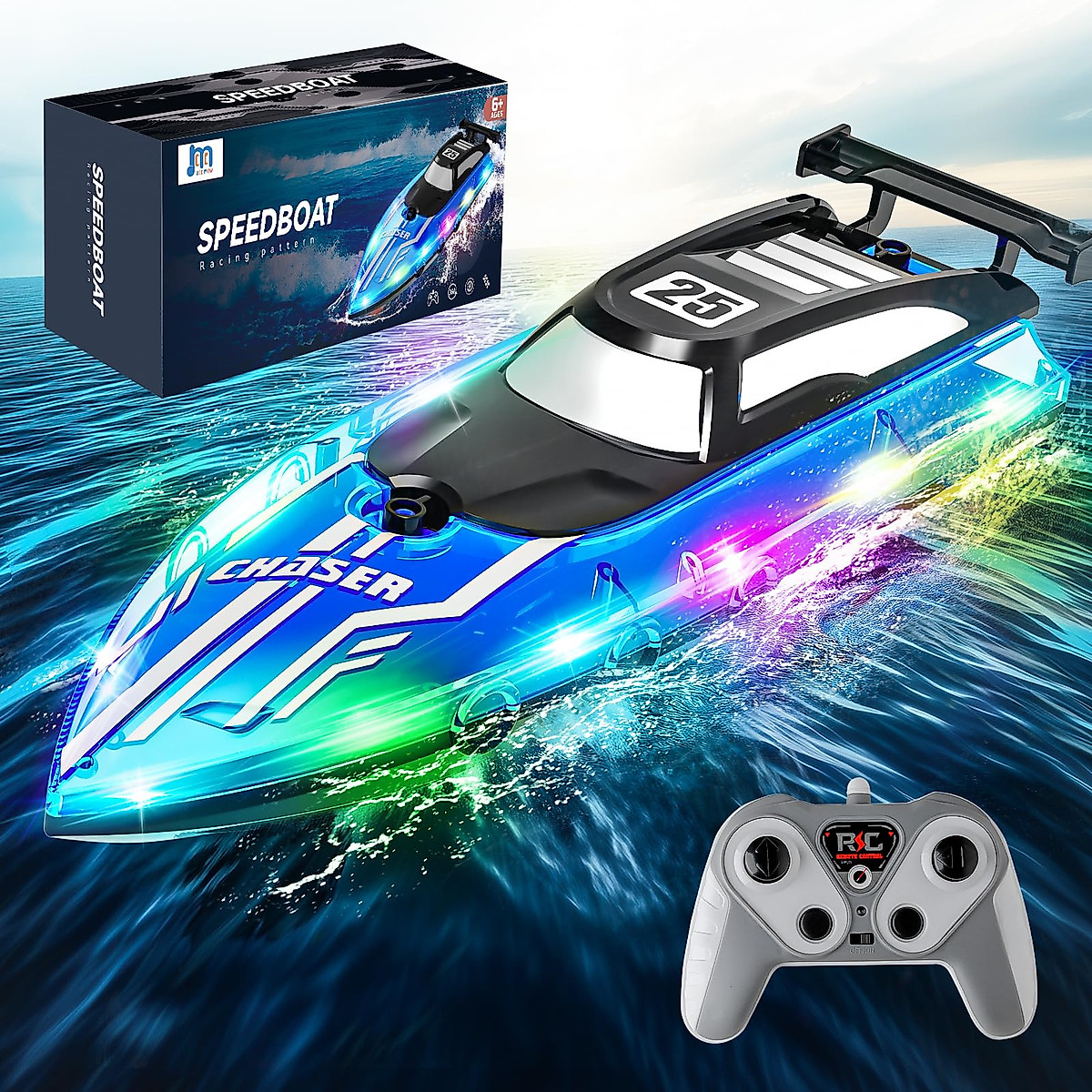 JOI MEW RC Boat for Kids with LED Lights, 2.4Ghz Remote Control Racing Boats for 8-12,Toy Water Boat for Pools & Lakes with Waterproof,Rechargeable Battery, for Boys Girls Blue