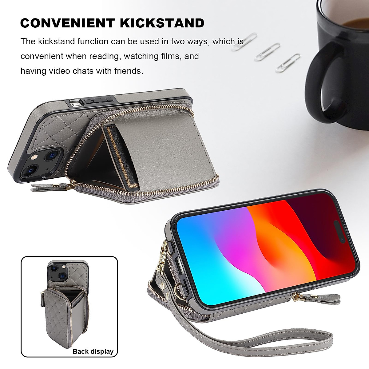 Bocasal Crossbody Wallet Case for iPhone 13, RFID Blocking PU Leather Zipper Handbag Purse Flip Cover, Kickstand Folio Case with Card Slots Holder Wrist Strap Lanyard 5G 6.1 Inch (Grey)