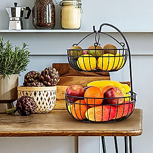 2- Tier Fruit Basket for Kitchen Counter, Homewill Fruit Basket with Banana Hanger, Hanging Wire Fruit Vegetable Basket Bowls Storage for Countertop