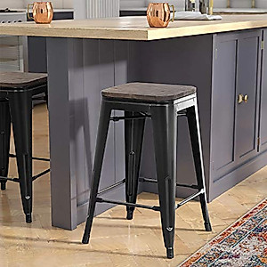 JUMMICO Metal Bar Stools Indoor Outdoor Stackable Modern 24 Inches Metal Counter Height Industrial Barstools with Wooden Seat Set of 4 (Black)