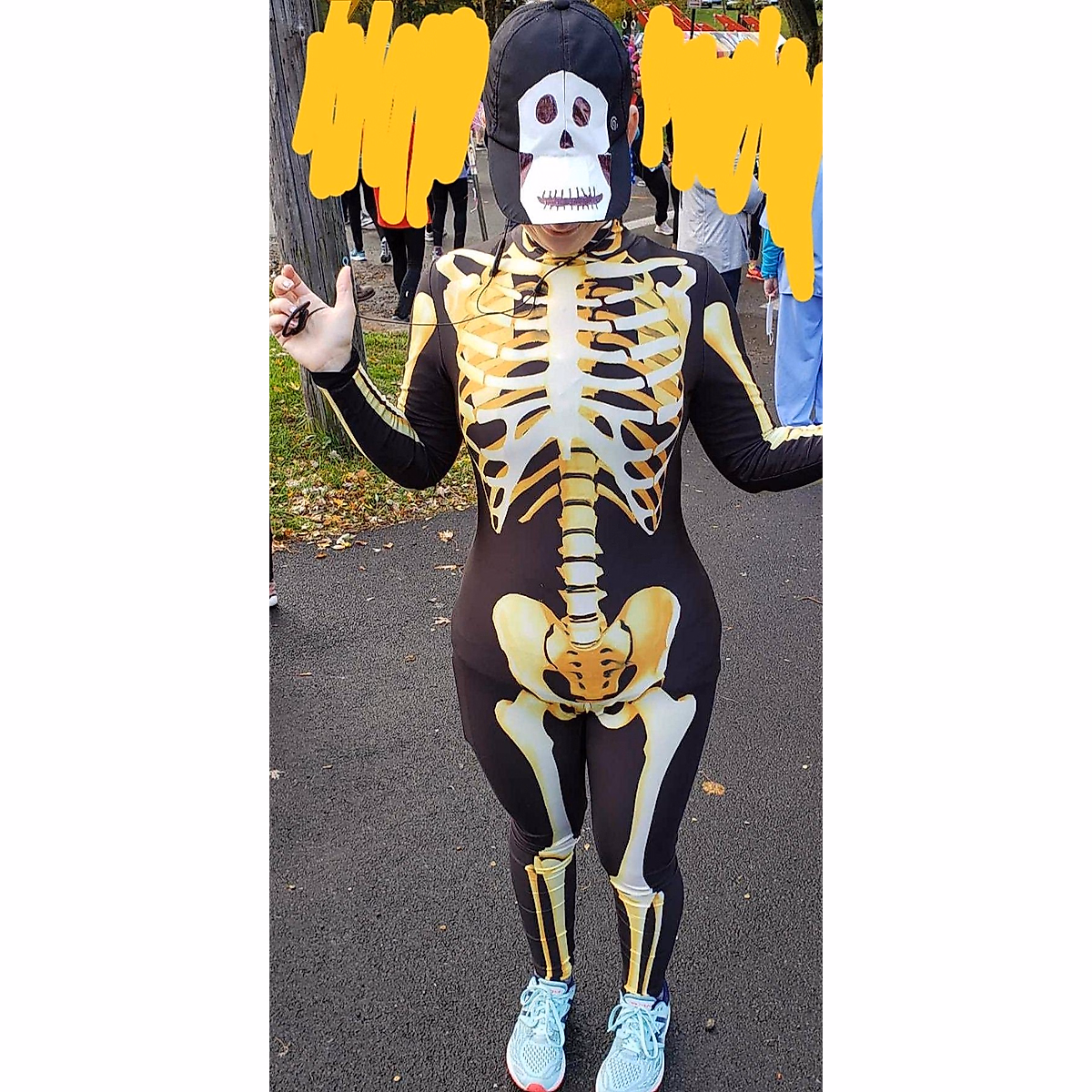 uideazone Halloween Costume for Women Golden Skeleton Skull Cosplay Jumpsuit Bodysuit Long Sleeve Skinny Outfits